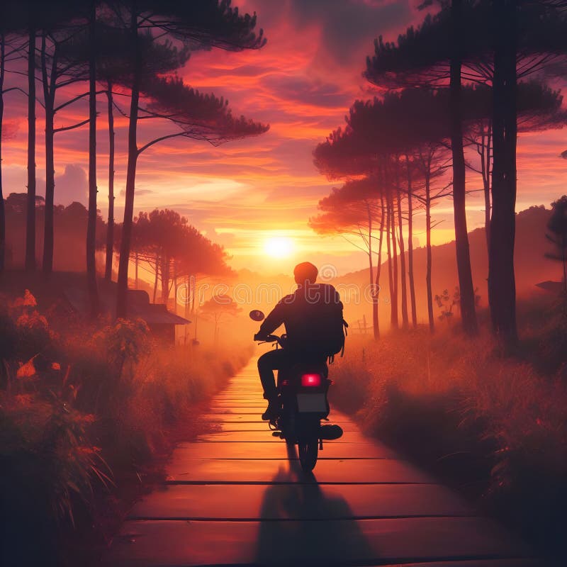 Image of Silhouette of a Person Riding His Motorbike into the Distance ...