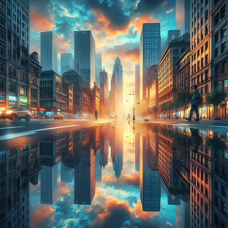 The Sky Reflects in the Puddle the Modern Cosmopolitan Street. Stock ...
