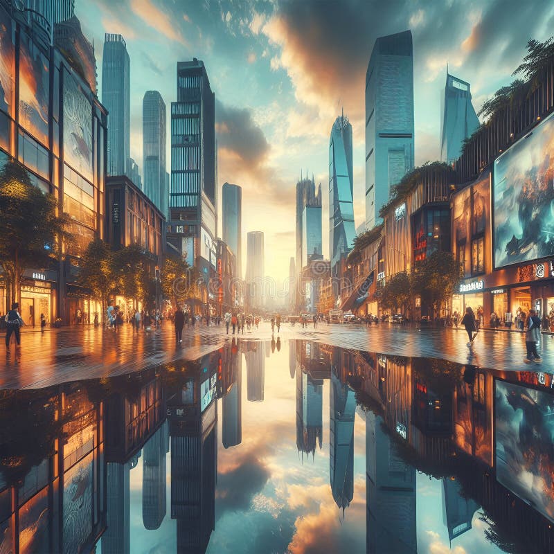 The Sky Reflects in the Puddle the Modern Cosmopolitan Street. Stock ...