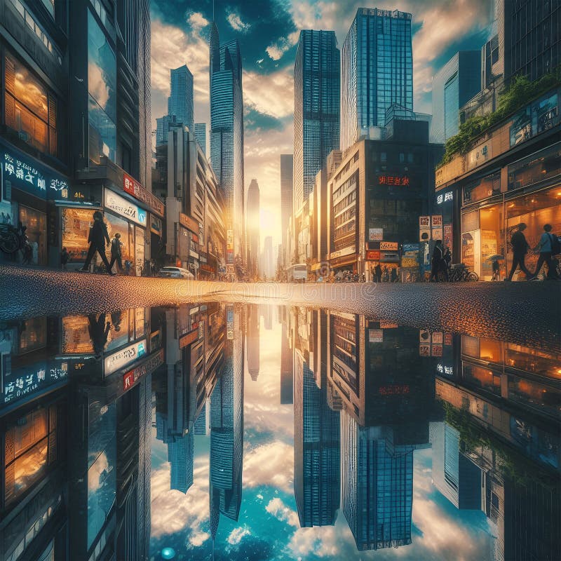 The Sky Reflects in the Puddle the Modern Cosmopolitan Street. Stock ...