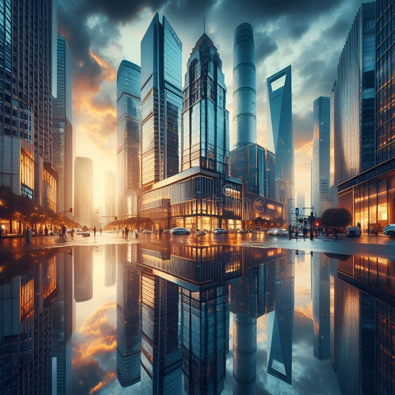 The Sky Reflects in the Puddle the Modern Cosmopolitan Street. Stock ...