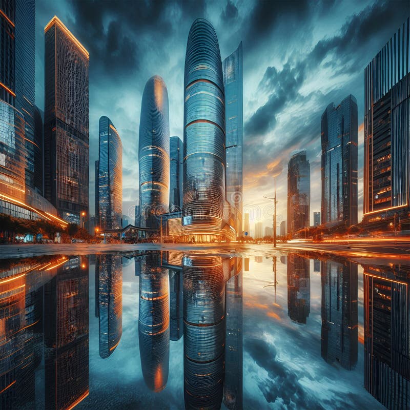 The Sky Reflects in the Puddle the Modern Cosmopolitan Street. Stock ...