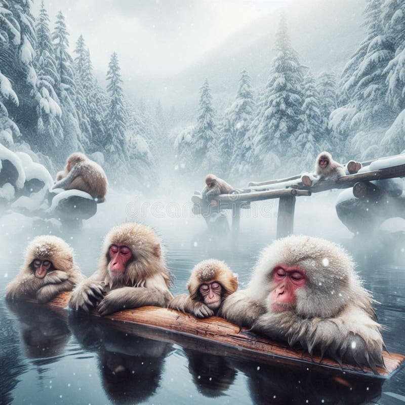 Snow Monkeys Soaking in the Hot Steamy Water Sleeping on a Log Floating ...