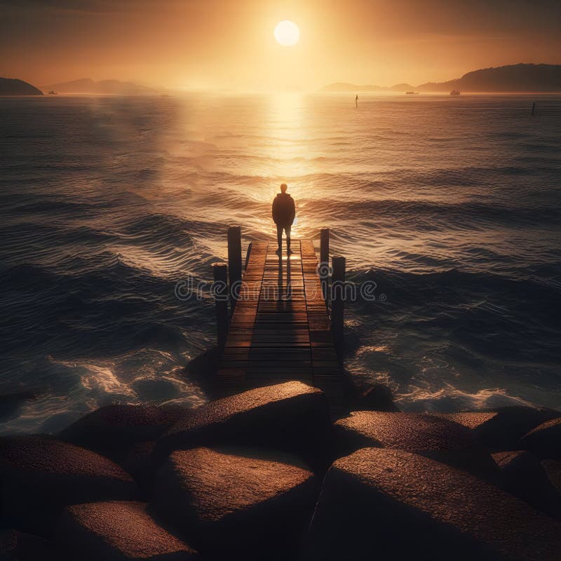 Image of a Solitary Figure Standing at the End of the Jetty, the Sun S ...