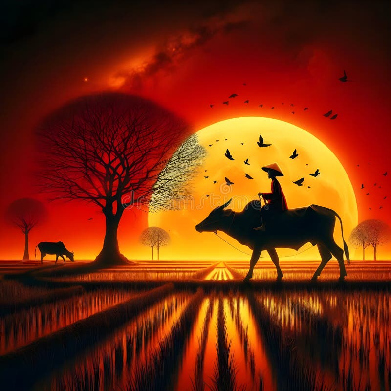 Image of a Someone Riding Off into the Distance, Yellow Moon,sunset ...