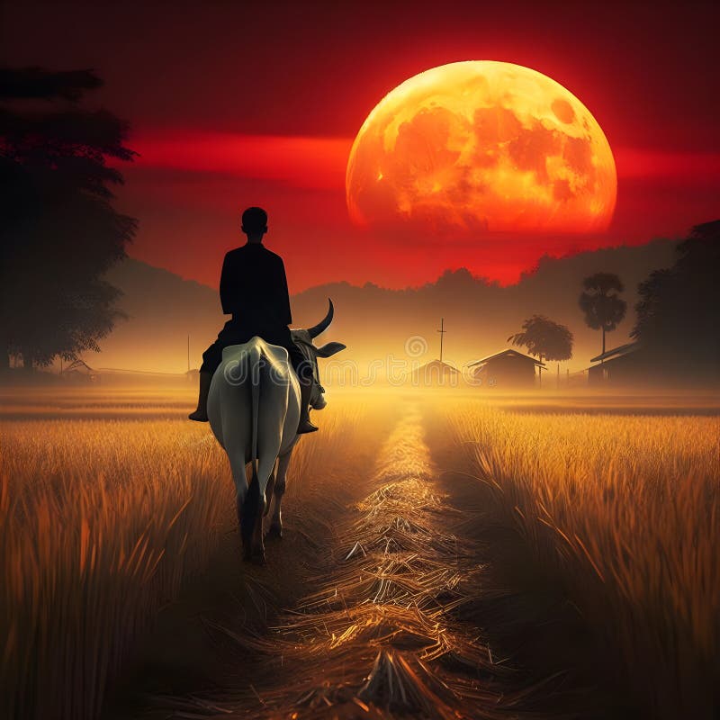 Image of a Someone Riding Off into the Distance, Yellow Moon,sunset ...