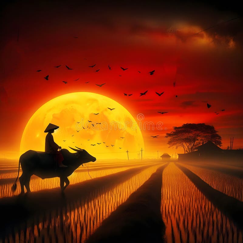 Image of a Someone Riding Off into the Distance, Yellow Moon,sunset ...