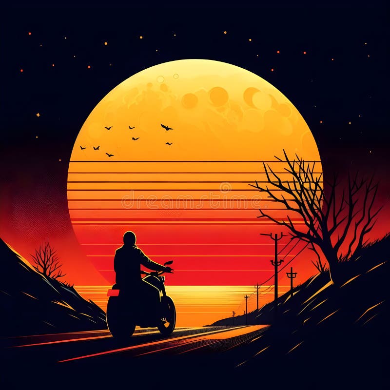 Image of a Someone Riding Off into the Distance, Yellow Moon,sunset ...