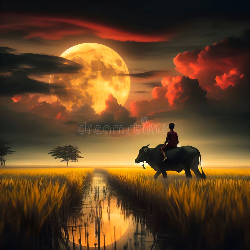 Image of a Someone Riding Off into the Distance, Yellow Moon,sunset ...