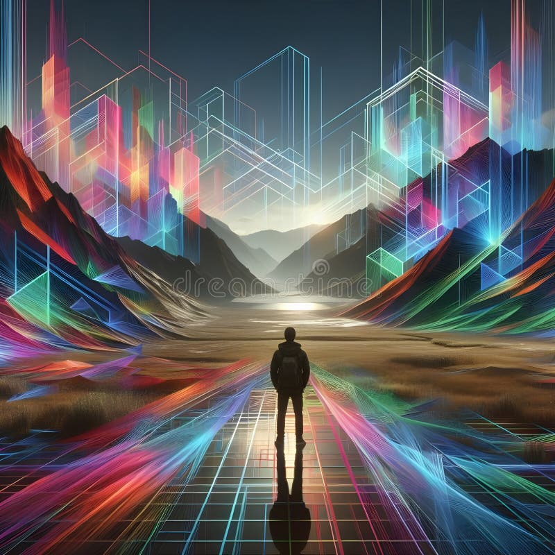 Image of Someone Stands by an Empty Field, Abstract Neon Structures, in ...