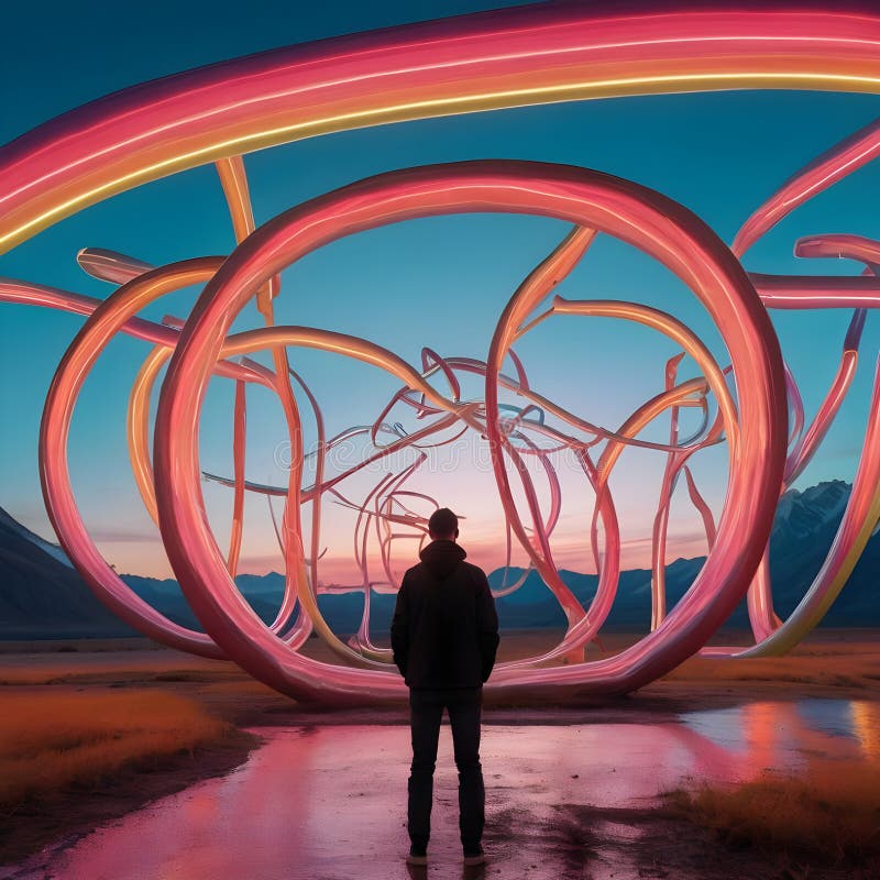 Image of Someone Stands by an Empty Field, Abstract Neon Structures, in ...