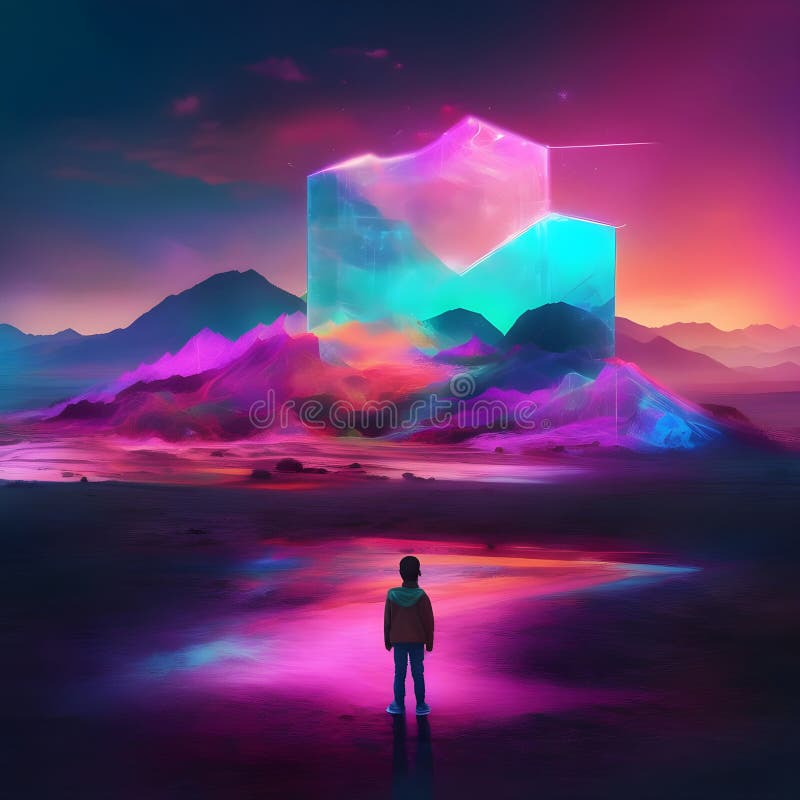 Image of Someone Stands by an Empty Field, Abstract Neon Structures, in ...