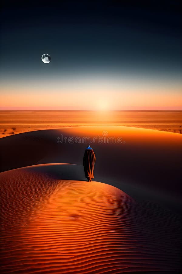 Someone Walking on the Surface of the Desert with Moon in the Far ...