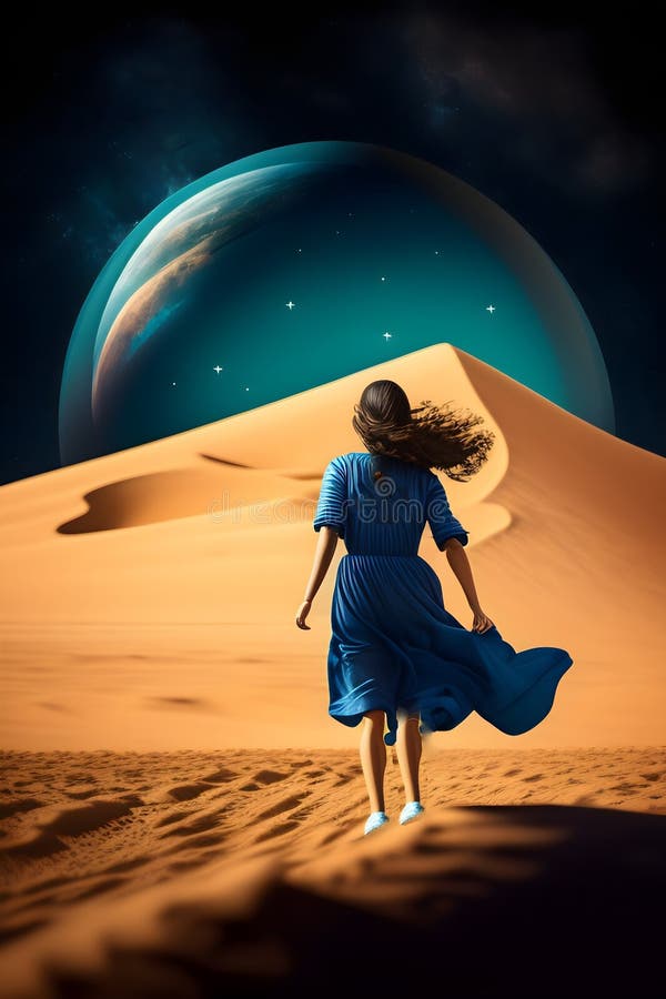 Someone Walking on the Surface of the Desert with Moon in the Far ...