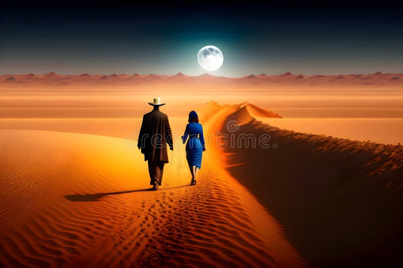 Someone Walking on the Surface of the Desert with Moon in the Far ...