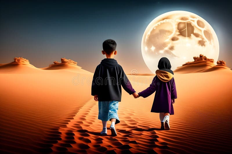 Someone Walking on the Surface of the Desert with Moon in the Far ...