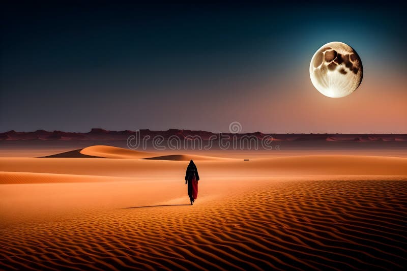 Someone Walking on the Surface of the Desert with Moon in the Far ...