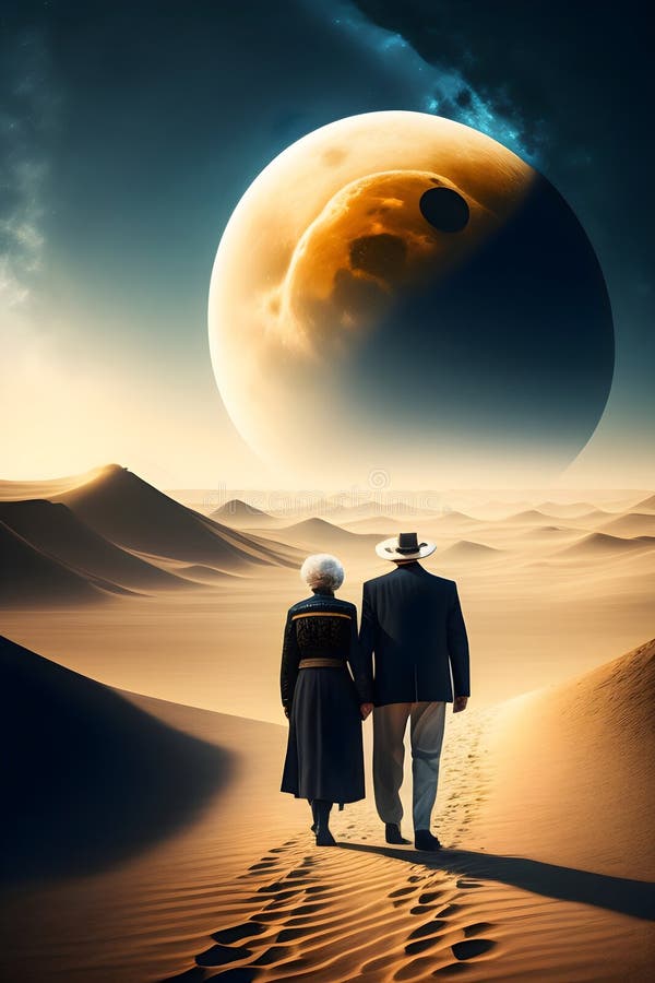 Someone Walking on the Surface of the Desert with Moon in the Far ...