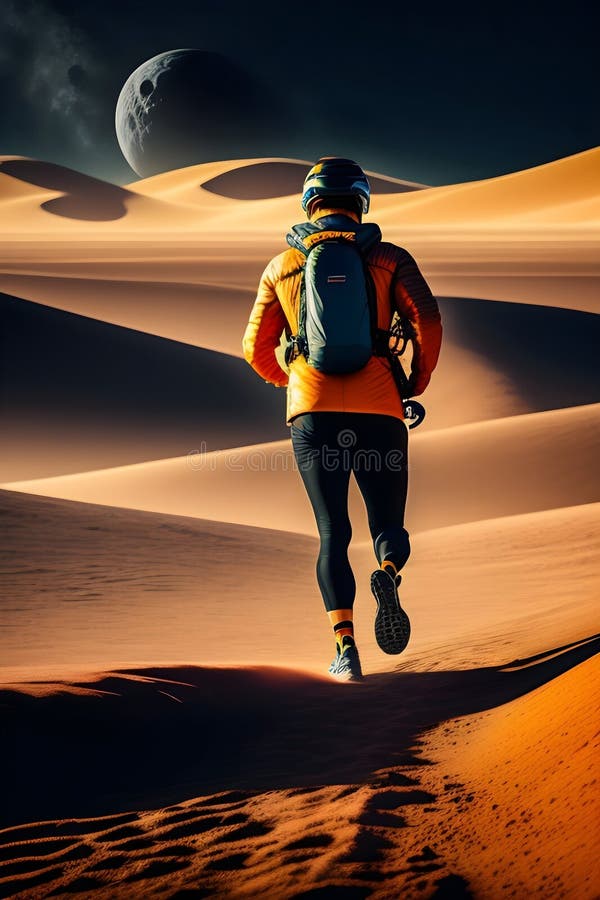 Someone Walking on the Surface of the Desert with Moon in the Far ...