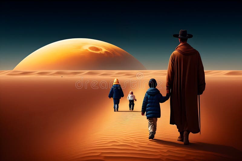 Someone Walking on the Surface of the Desert with Moon in the Far ...