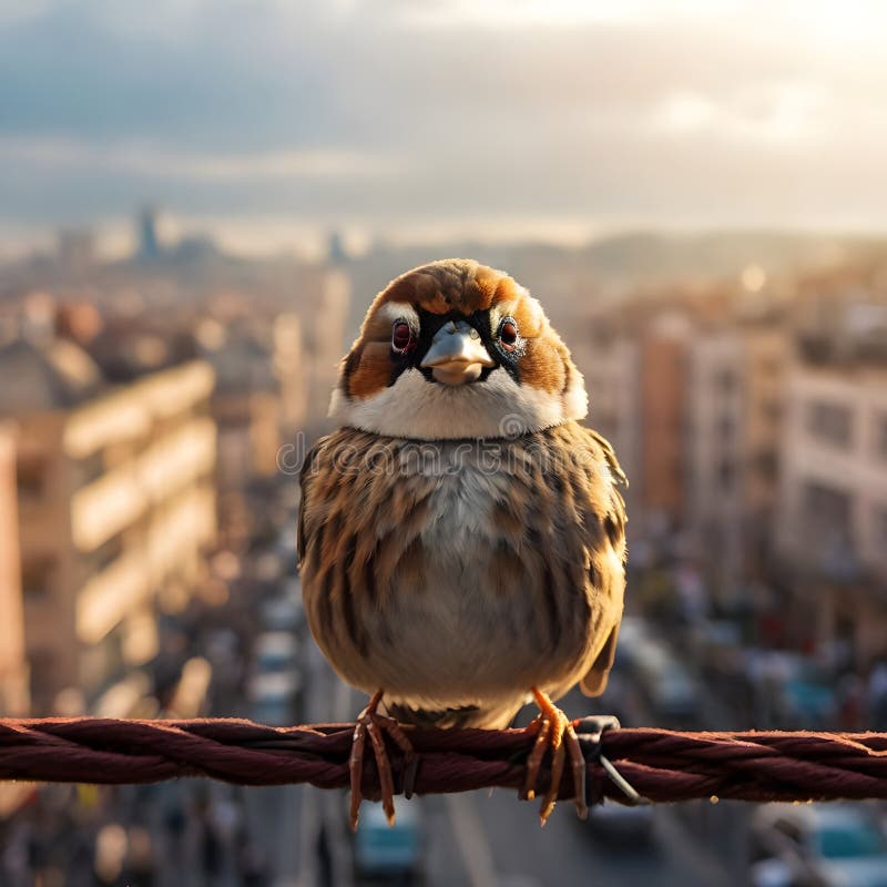 Image of Sparrow Bird Standing on a Thin Electric Wire at a Huge Height ...