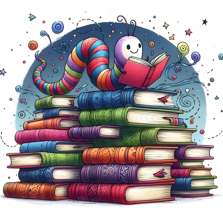 Image of a Stack of Random Colorful Books with Patchwork Bookworm on it ...