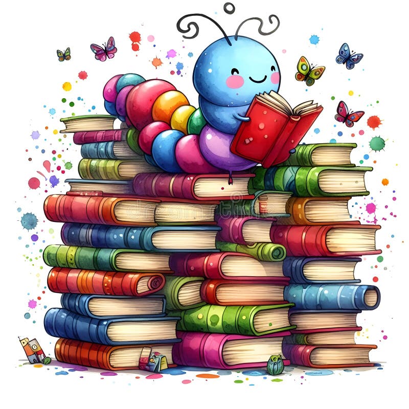 Image of a Stack of Random Colorful Books with Patchwork Bookworm on it ...