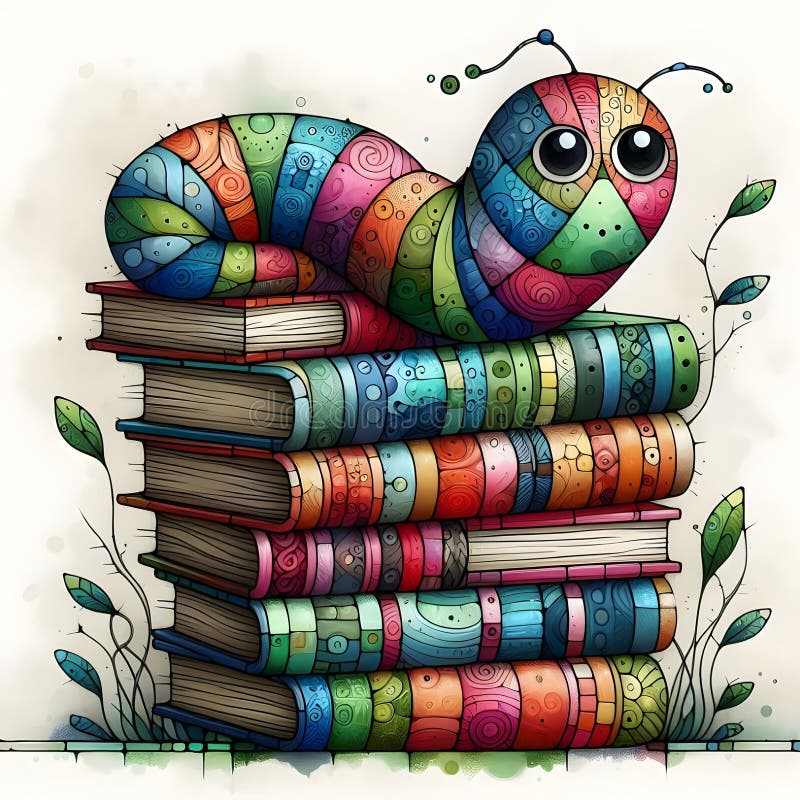 Image of a Stack of Random Colorful Books with Patchwork Bookworm on it ...