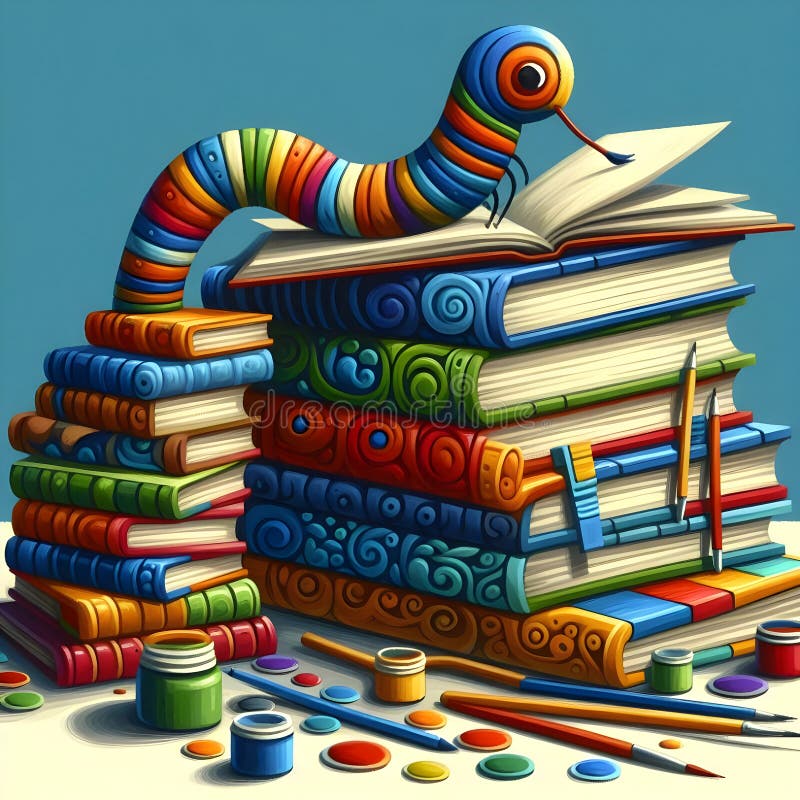 Image of a Stack of Random Colorful Books with Patchwork Bookworm on it ...