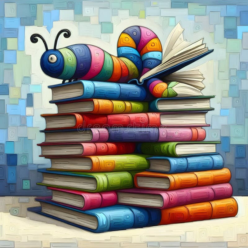 Image of a Stack of Random Colorful Books with Patchwork Bookworm on it ...