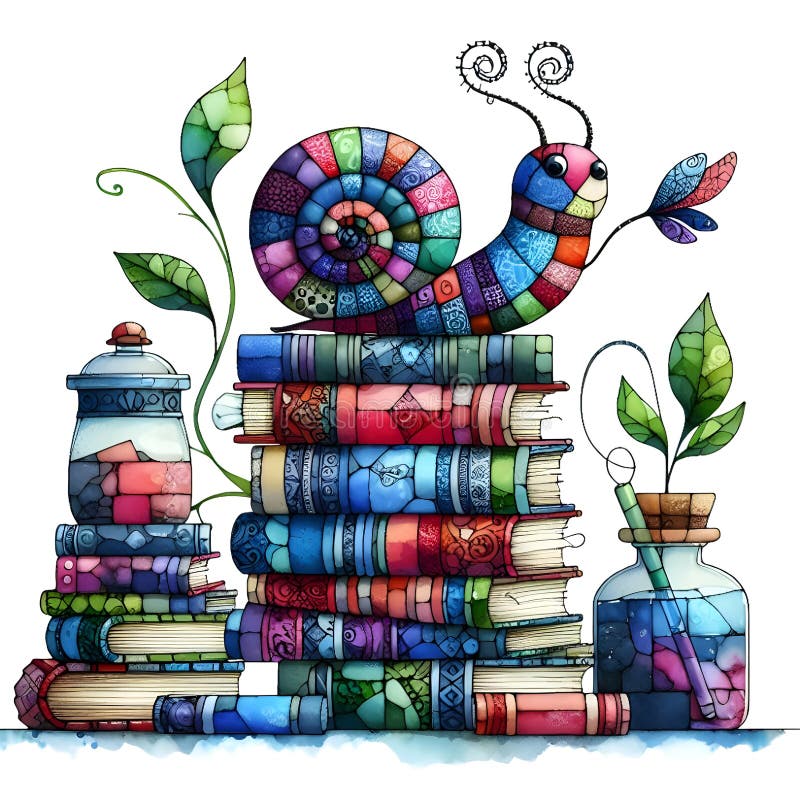 Image of a Stack of Random Colorful Books with Patchwork Bookworm on it ...