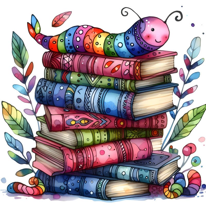 Image of a Stack of Random Colorful Books with Patchwork Bookworm on it ...