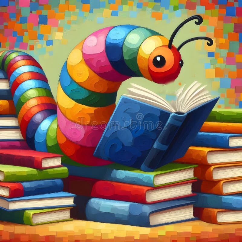 Image of a Stack of Random Colorful Books with Patchwork Bookworm on it ...