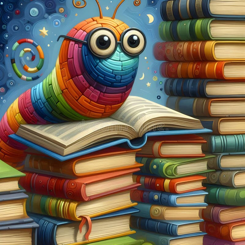 Image of a Stack of Random Colorful Books with Patchwork Bookworm on it ...