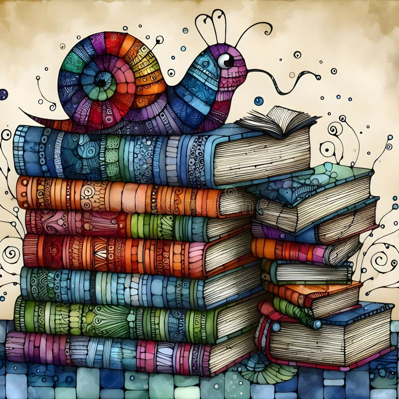 Image of a Stack of Random Colorful Books with Patchwork Bookworm on it ...