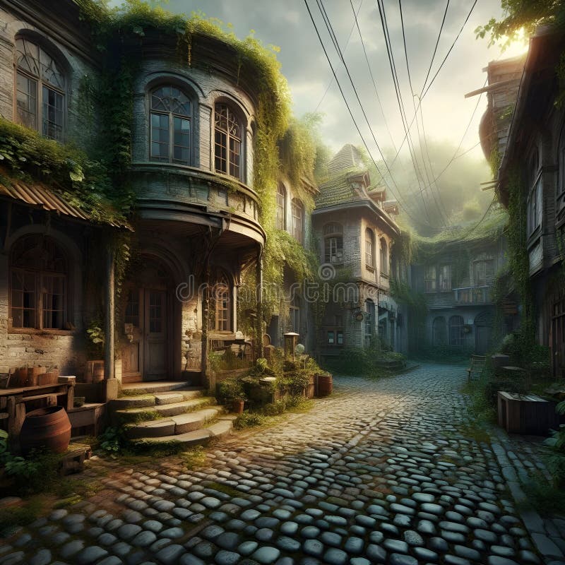 Mage of Strange Abandoned Yard,cobblestone Road,overgrown and Weathered ...