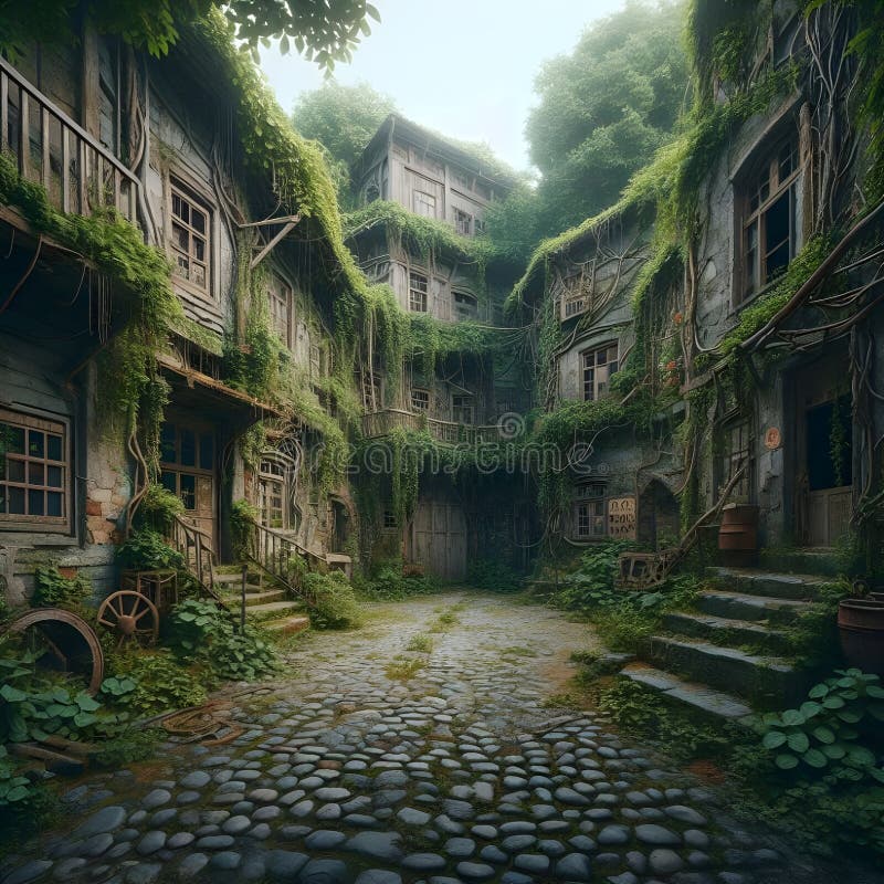 Mage of Strange Abandoned Yard,cobblestone Road,overgrown and Weathered ...