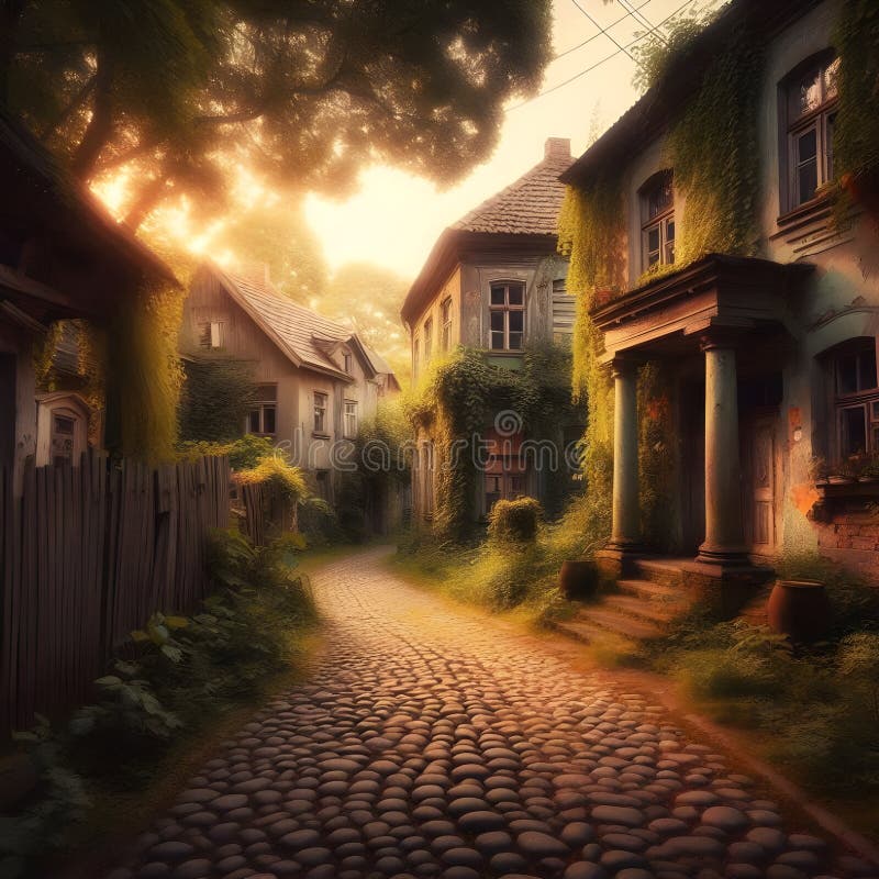 Mage of Strange Abandoned Yard,cobblestone Road,overgrown and Weathered ...