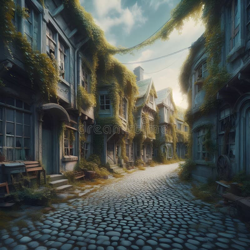 Mage of Strange Abandoned Yard,cobblestone Road,overgrown and Weathered ...