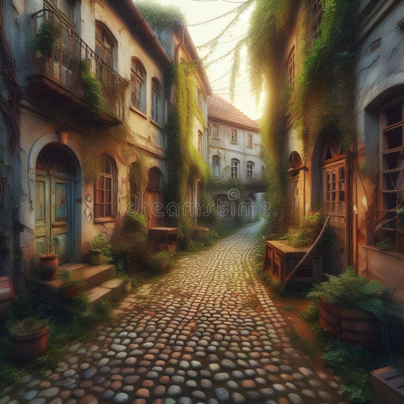 Mage of Strange Abandoned Yard,cobblestone Road,overgrown and Weathered ...