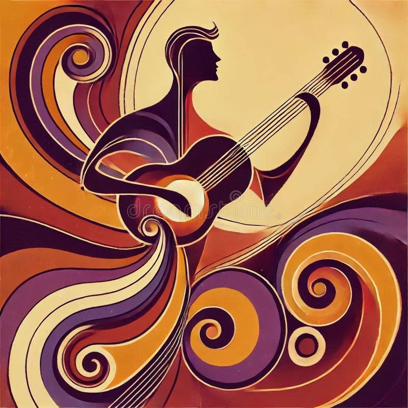 A Stylized Art-deco Woman Playing a Classical Guitar. Stock ...