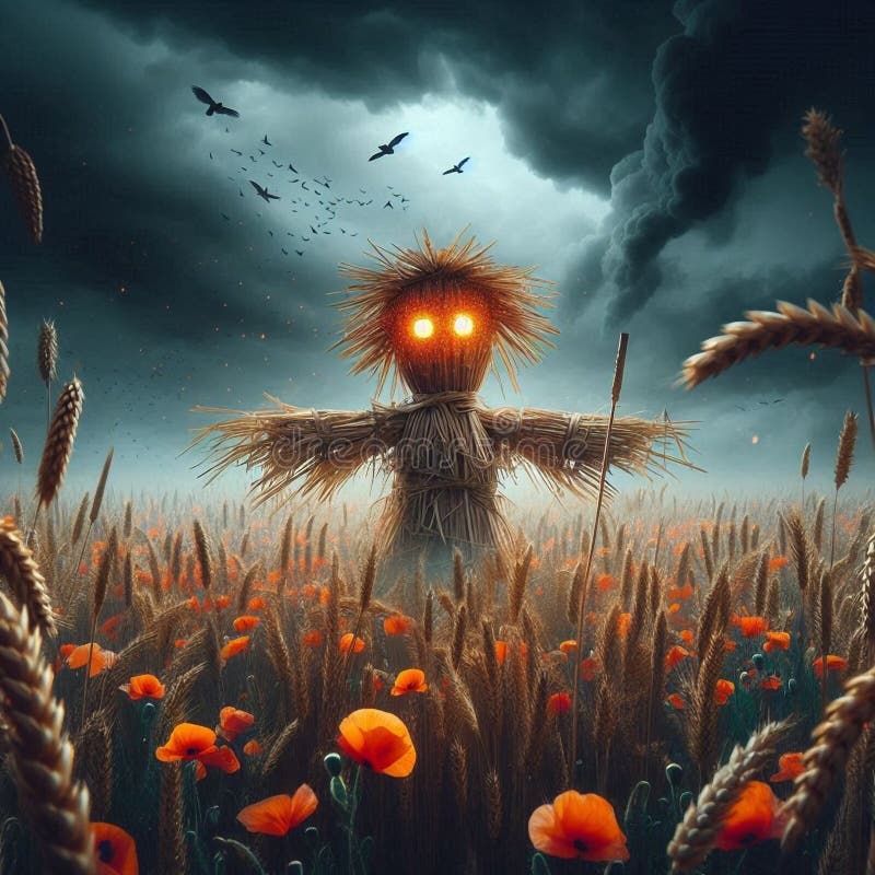 A Super Evil Vindictive with Sparkling Orange Eyed Straw Scarecrow in a ...