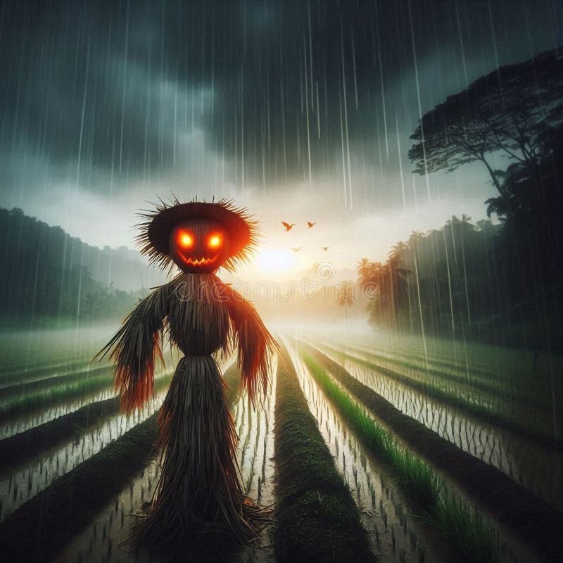 A Super Evil Vindictive with Sparkling Orange Eyed Straw Scarecrow in a ...