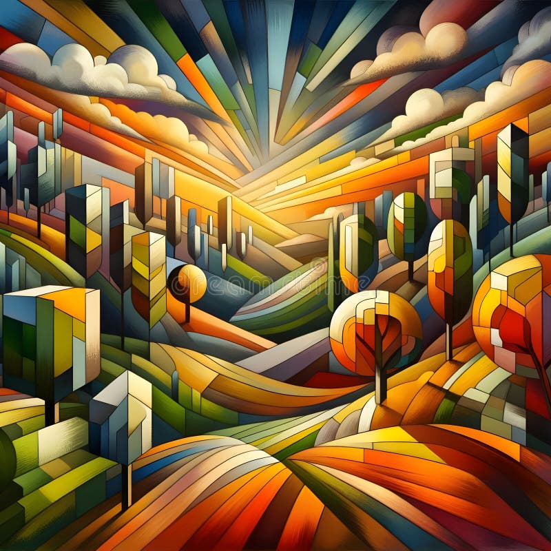 Surreal Cubist Hilly Fall Landscape with Patchwork Trees that Overlap ...