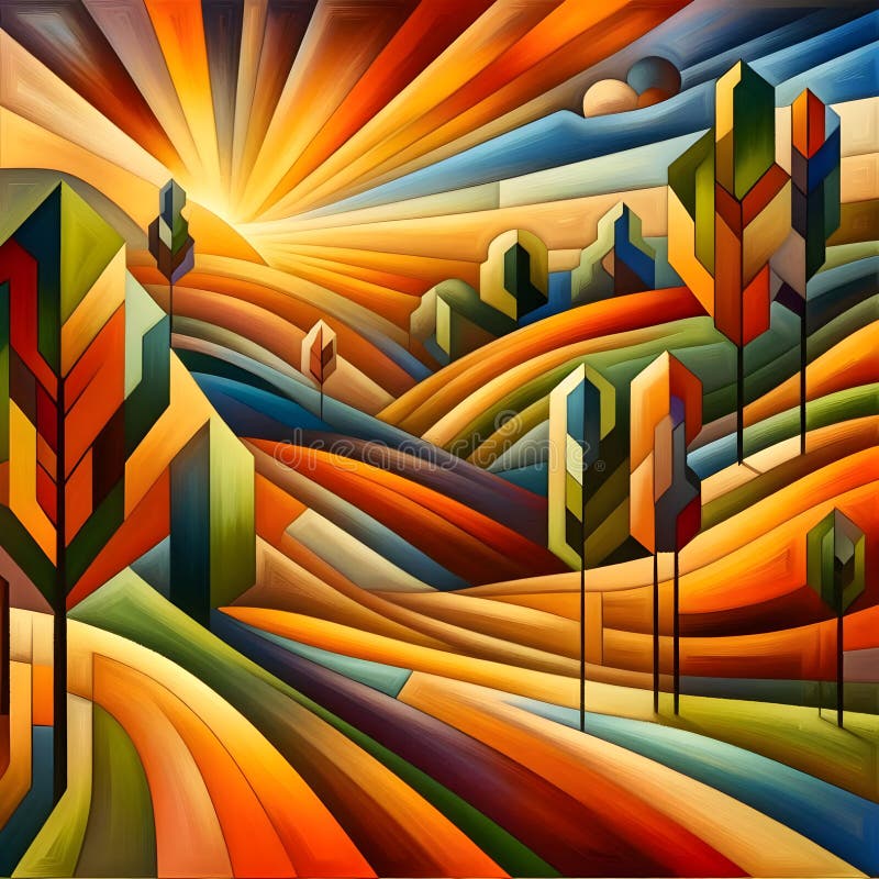 Surreal Cubist Hilly Fall Landscape with Patchwork Trees that Overlap ...
