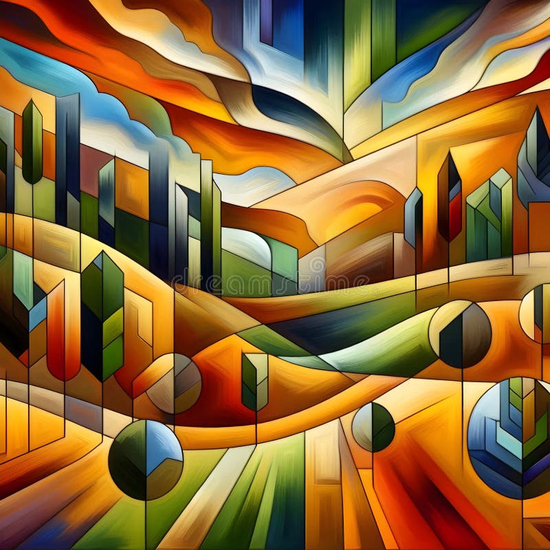 Surreal Cubist Hilly Fall Landscape with Patchwork Trees that Overlap ...