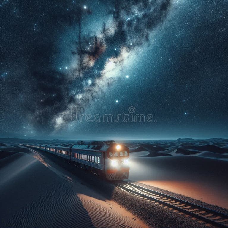 A Train Traversing a Desert Landscape Under a Starry Night Sky,with the ...