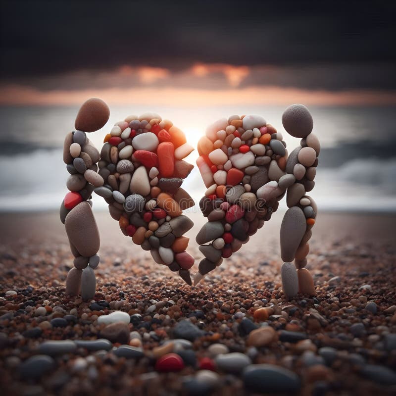 Two Figures Composed from Pebbles Hold a Cracked and Separated Heart ...