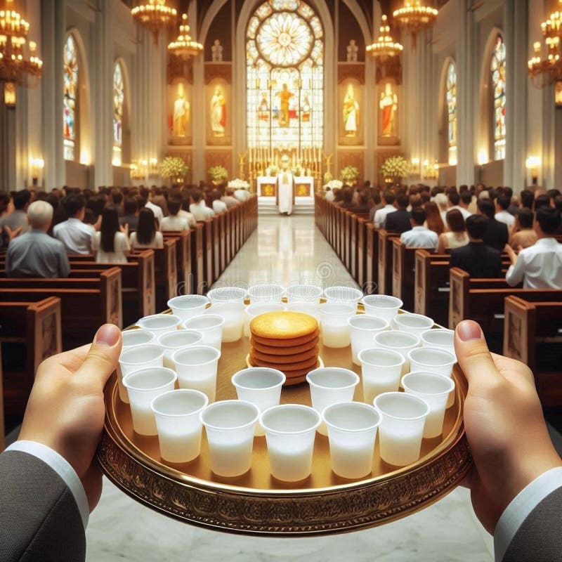 Two Hand Carrying the Holy Communion Tray with Cups and a Plate for the Bread. Stock ...