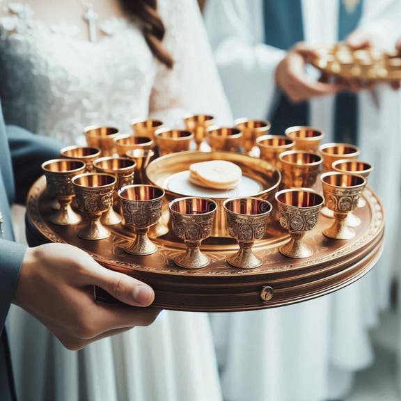 Two Hand Carrying the Holy Communion Tray with Cups and a Plate for the ...